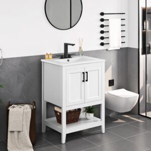 yaheetech 24" modern bathroom vanity with sink, bathroom sink cabinet with rectangular ceramic basin, bathroom vanities cabinet with 2 doors and 1 open shelf, white