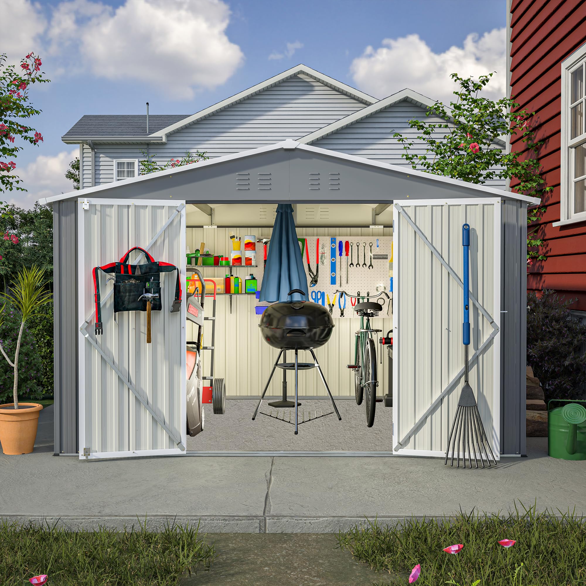 Backyard Shed,10 X 8 Ft Large Metal Tool Sheds, Heavy Duty Storage House with Sliding Doors with Air Vent for Backyard Patio Lawn to Store Bikes, Tools, Lawnmowers Dark Grey