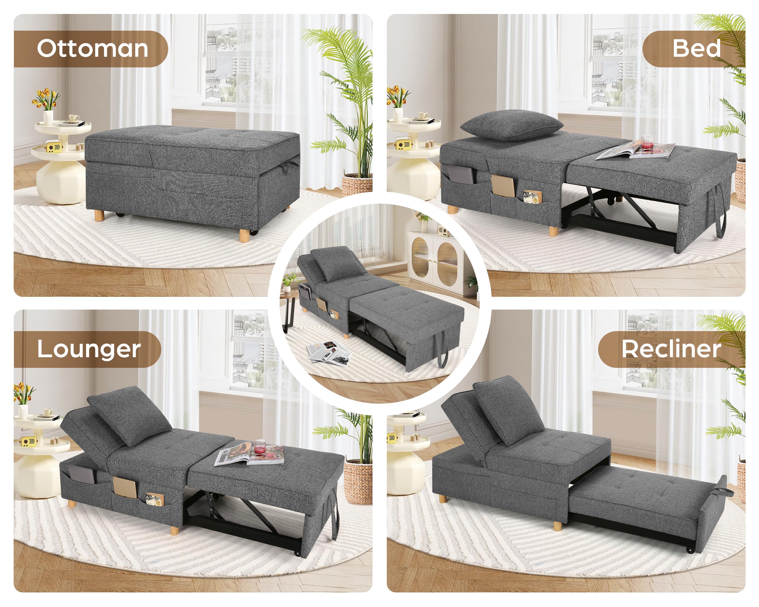 SEJOV Sleeper Sofa Chair Bed,4-in-1 Convertible Sofa Bed Chair with 6 Adjustable Backrest and Pillow, 3-Seat Pull Out Sleeper Chair Linen No Backrest for Bedroom Small Space Living Room, Dark Grey