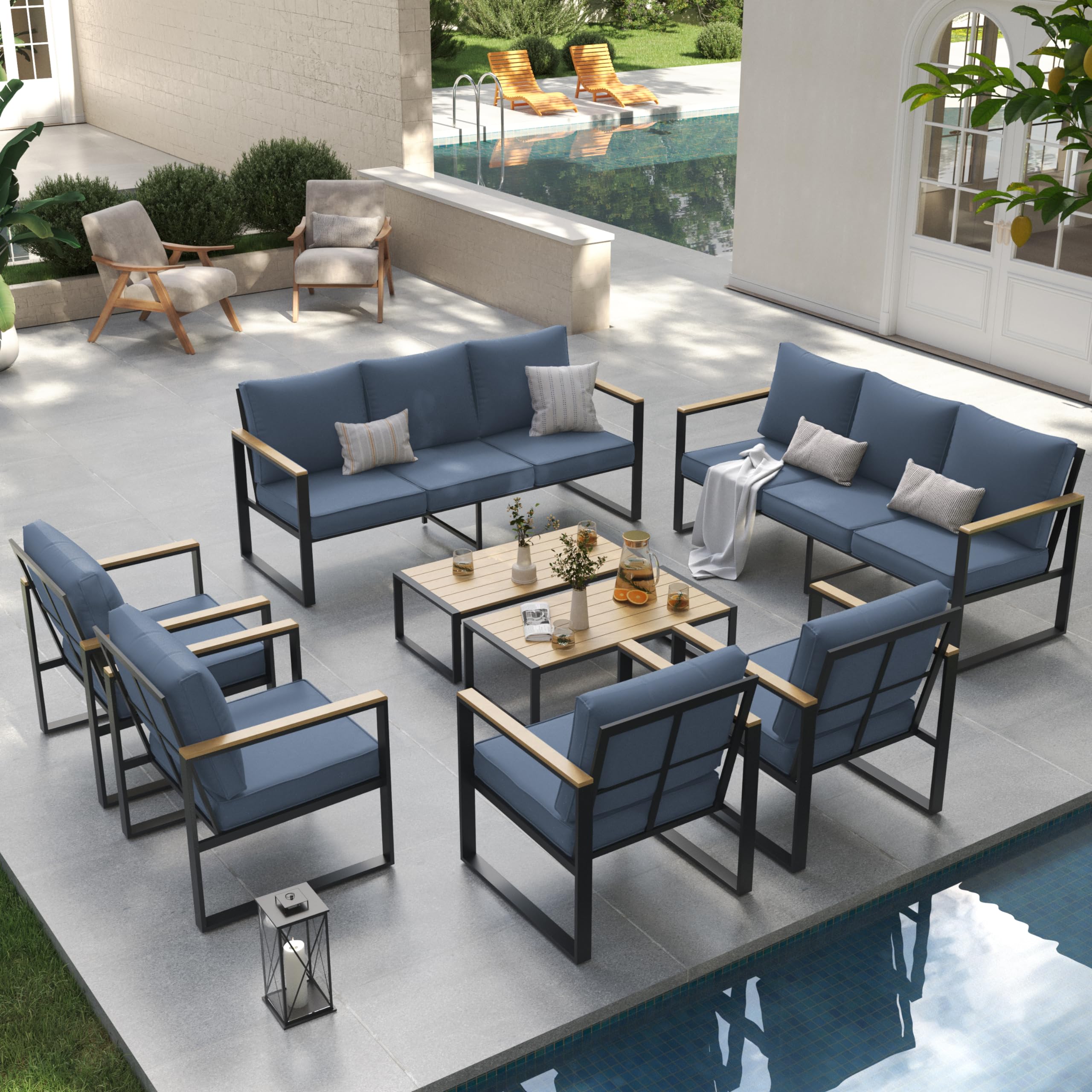 HLNPTN 4 Pieces Outdoor Patio Furniture Set, Modern Outdoor Furniture Sectional Sofa 5 Seat Deep Seating Group, Metal Patio Conversation Sets with Table, Thick & Washable Cushions, Blue