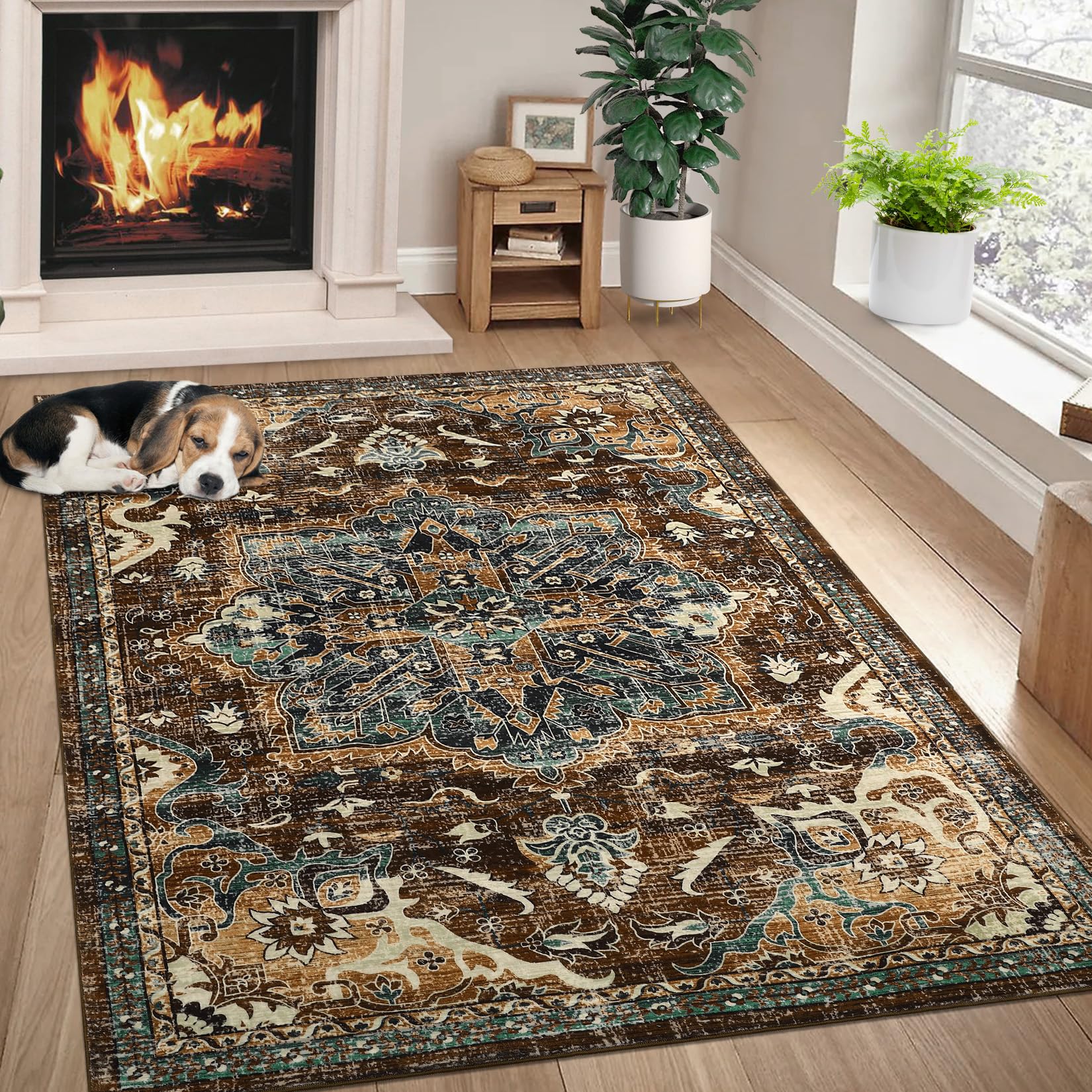 LUXLOOM Washable Rugs 9x12 Rug for Bedroom Vintage Living Room Rugs Bohemian Medallion Rug Boho Large Area Rug Non Slip Throw Rugs Stain Resistant Carpet for Office Dining Room 9'x12' Brown/Green