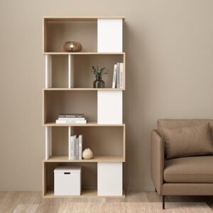 Tvilum Maze Modern Bookcase, Display Shelf and Decorative Room Divider with 7 Fixed Storage Shelves in Oak and White