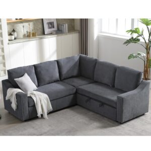 couches for living room, convertible sectional sofa couch l shaped couch with pull out sofa bed & square handrail, built-in nailheads trim, 5-seat modular sectional sofa for small spaces, grey