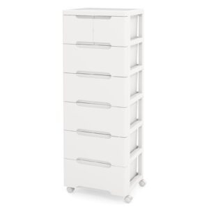 loko 7-drawer plastic rolling storage cart, mobile storage cabinet with 4 universal wheels, vertical storage tower container unit for living room, bedroom, home office, white (16”x13"x45” (7 drawers))