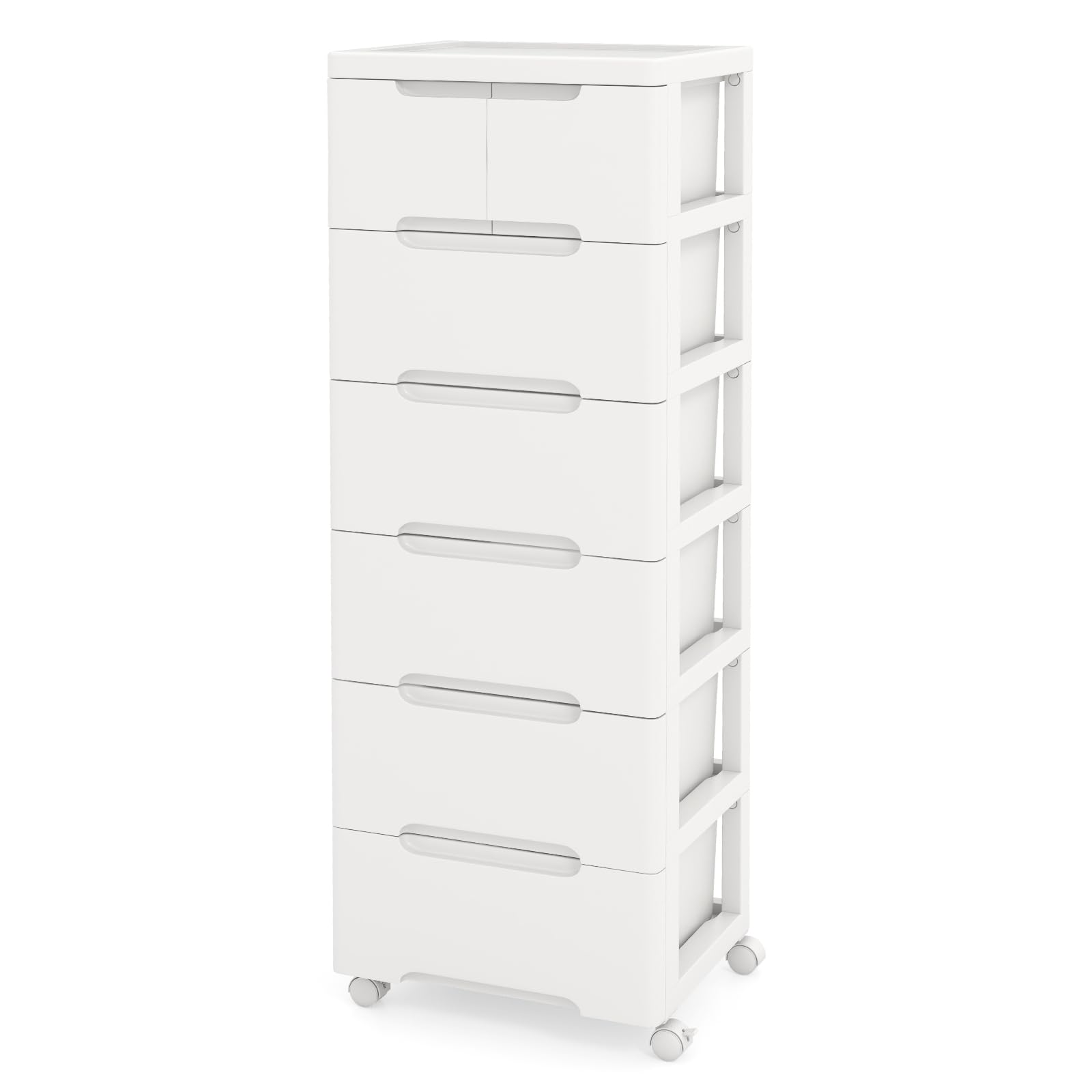 LOKO 7-Drawer Plastic Rolling Storage Cart, Mobile Storage Cabinet with 4 Universal Wheels, Vertical Storage Tower Container Unit for Living Room, Bedroom, Home Office, White (16”x13"x45” (7 Drawers))