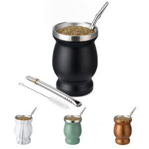 husfunov 8oz yerba mate cup, 304 stainless steel double-wall mate cup, heat insulation yerba mate gourd, tea cup set includes cleaning brush & 2 bombillas (black)