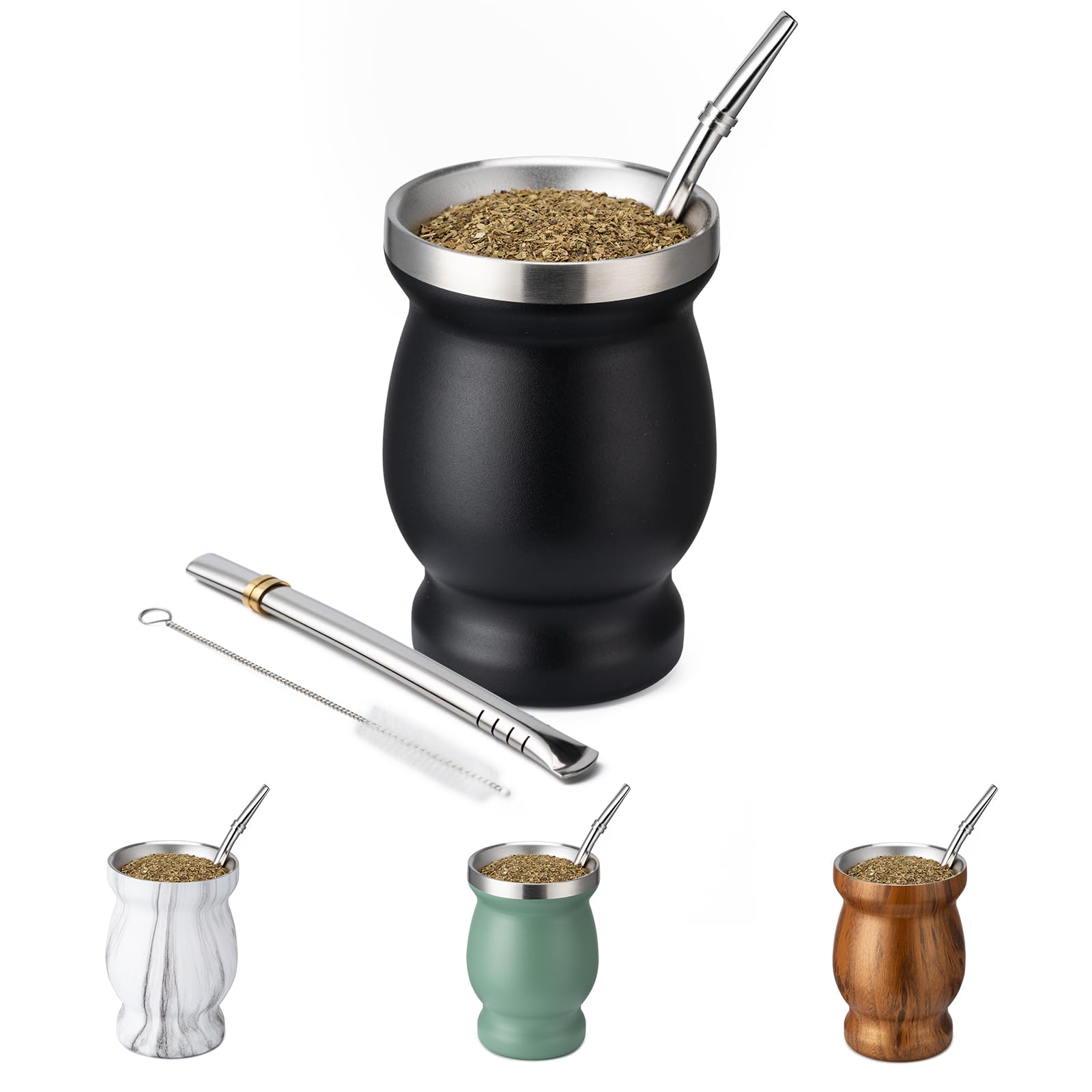 Husfunov 8oz Yerba Mate Cup, 304 Stainless Steel Double-Wall Mate Cup, Heat Insulation Yerba Mate Gourd, Tea Cup Set Includes Cleaning Brush & 2 Bombillas (Black)