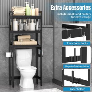 IUMLXJO Over The Toilet Storage, Bamboo 3 Tier Over Toilet Bathroom Organizer Rack, Space Saver Freestanding Above Toilet Stand Shelves with Magazine Holder Toilet Paper Holder and Hooks, Black