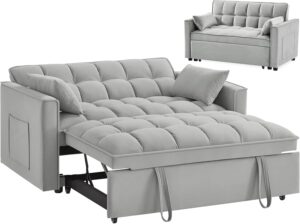 spoway 3 in 1 sleeper sofa couch bed, velvet convertible loveseat sleeper sofa with 3 level adjustable backrest, storage pockets, toss pillows, pull out loveseat sleeper for living room, grey