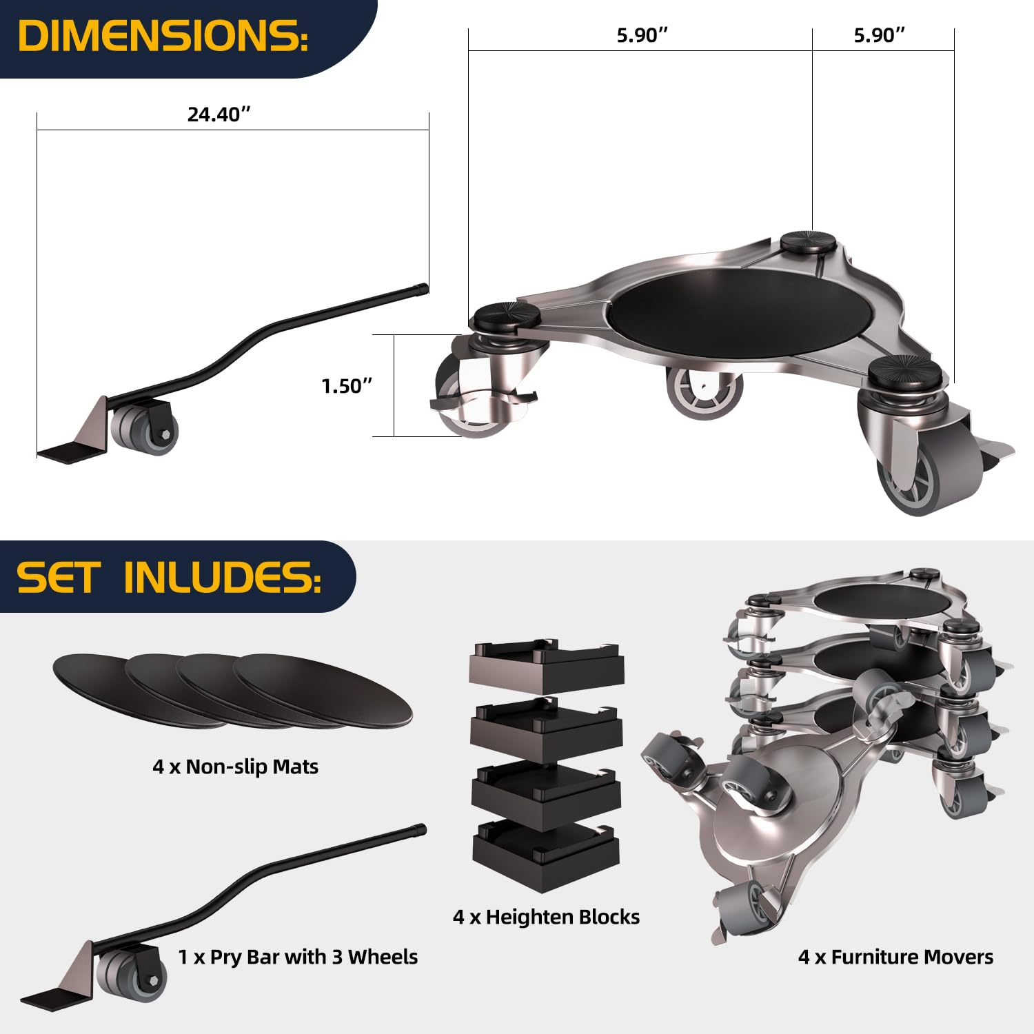 ENMEN Furniture Movers with Wheels – 15cm Thickened Steel Frame Furniture Dolly 4 Wheels with Pry Bar & Heightening Blocks, 360° Furniture Lifters for Heavy Furniture for 1000Lbs – Small