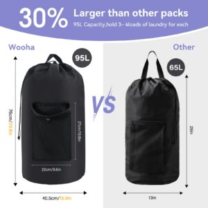 WOOHA 95L Backpack Travel Laundry Bag with Shoulder Straps and Mesh - Durable Polyester Laundry Hampers for Travel, Apartments, Laundromats and Universities (Black)