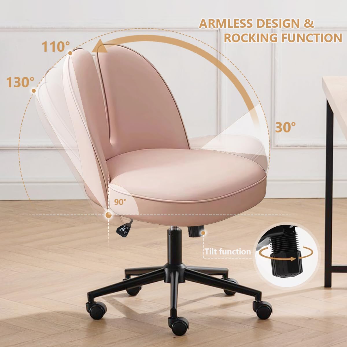 XUEGW Cute Office Chair Armless Desk Chair with Wheels Comfy Vanity Chairs Swivel Computer Task Chair Height Adjustable Makeup Bedroom Chair for Home Office