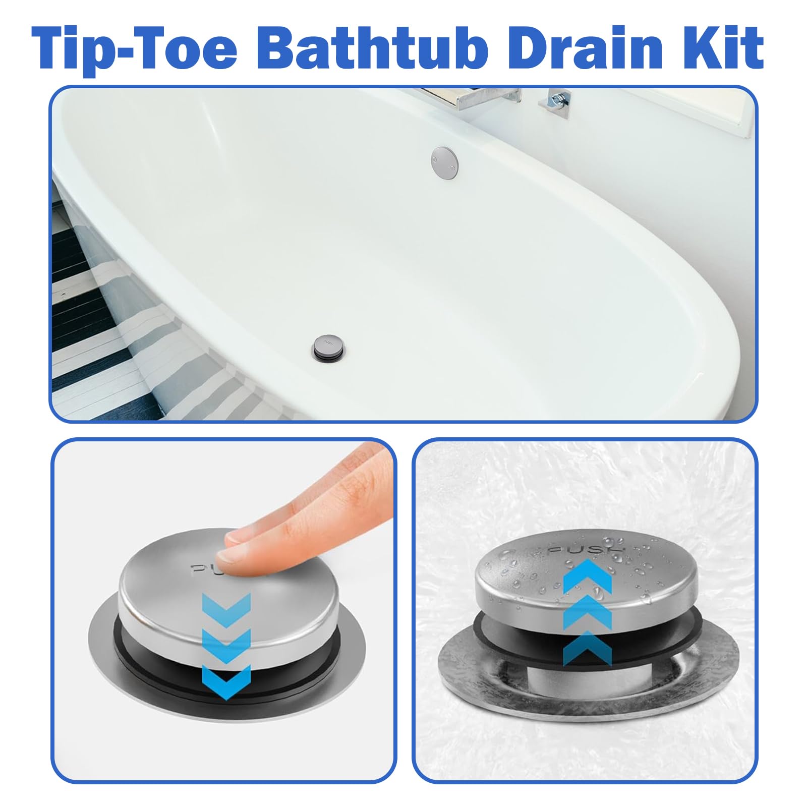 Brushed Nickel Tub Drain and Overflow Kit, Universal Bathtub Stopper with 2-Hole Faceplate and Fine/Coarse Thread