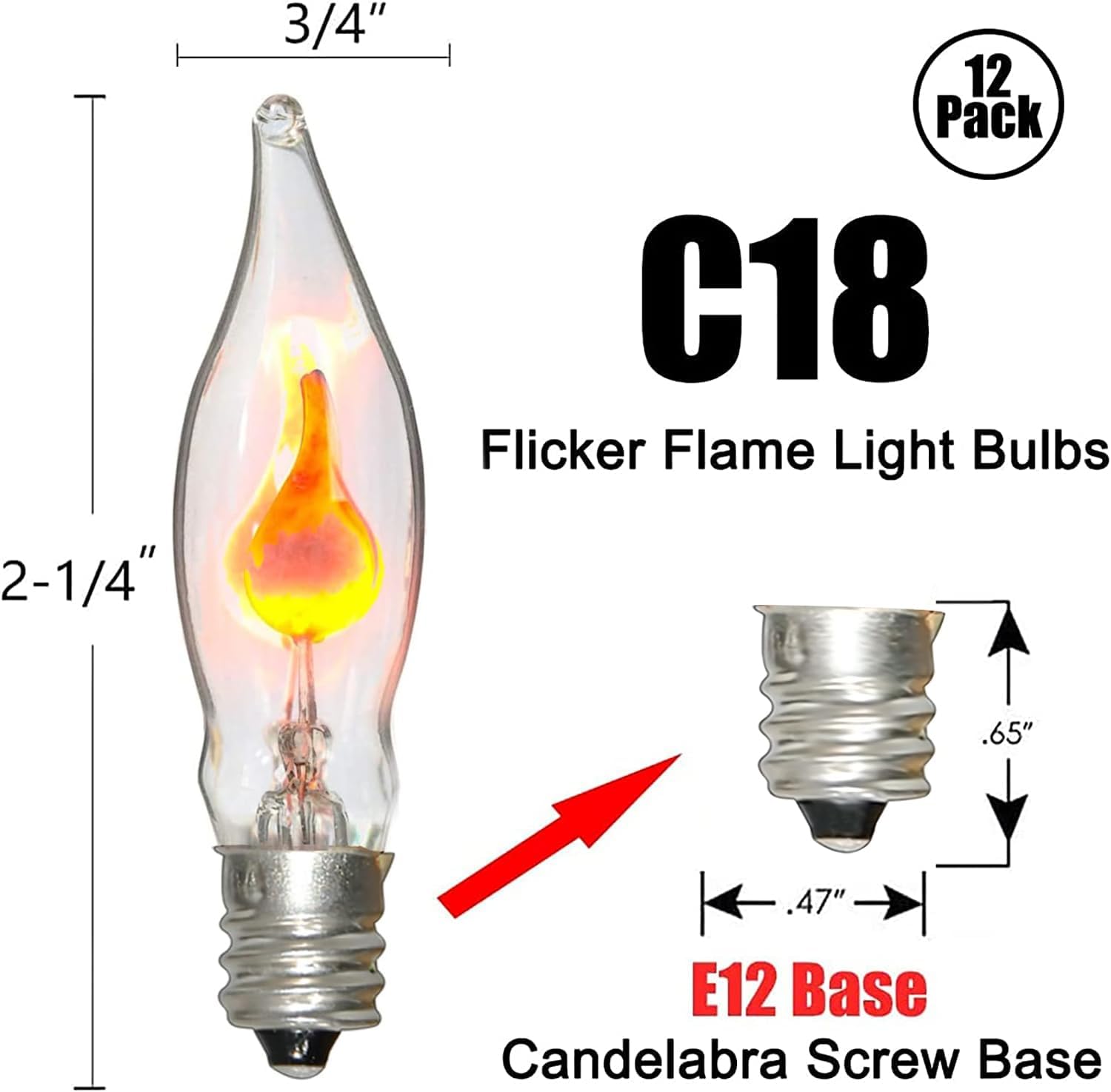 Supernoor Christmas Flickering Flame Light Bulbs,12 Pack C18 Flicker Flame Light Bulbs E12 Base 120 Volts 1 Watt for Electric Candle Lamps Window Candelabra Chandeliers Christmas Bulbs