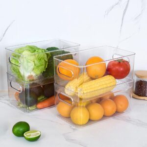 Pereysi 4 PCS Clear Plastic Storage Bins, Refrigerator Organizer Bins with Handles, Pantry Organizer Bins for Food, BPA-Free Fridge Organizer for Fridge, Freezer, Kitchen, Cabinet, Pantry, 10" Long