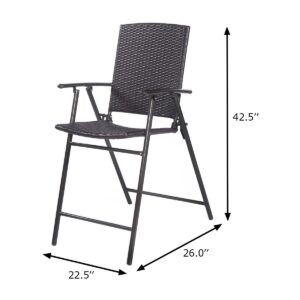 RELAX4LIFE Folding Bar Stools Set of 4 - Rattan Bar Chairs w/Back, Metal Frame, Armrests & Footrest, Indoor Outdoor Counter Height Chairs for Kitchen Backyard Garden Patio, Portable Wicker Barstools