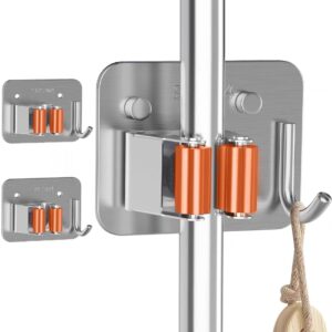 Generic 2 Pack Mop Holder Wall Mount Stainless Steel with Hook, Screw Drilling or Self Adhensive Broom Holder, Storage Rack for Closet Laundry Garage Garden Tool Origanizer, Orange