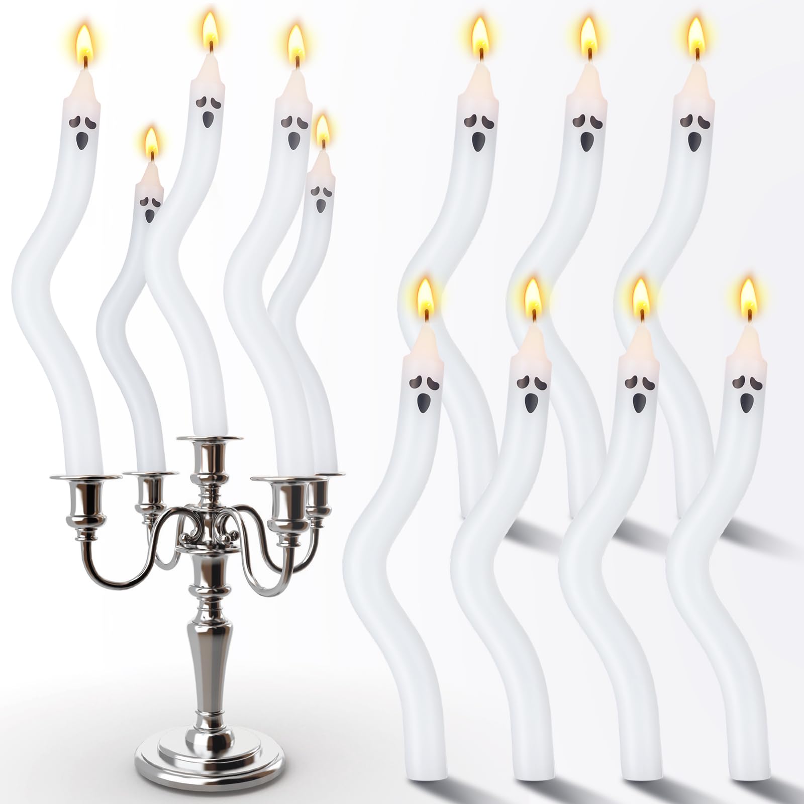 MTLEE 12 Pcs Halloween Ghost Candles Spiral Unscented White Candles Realistic Twisted Taper Candlesticks Halloween Decor Candle for Home Dinner Table Ghost Spooky Decorations