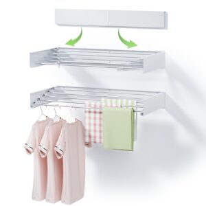 qiicmer drying rack clothing，wall mounted drying rack，collapsible drying racks for laundry，retractable clothes drying rack， laundry space saver wall mounted rack，60 lb capacity(white 31.5")