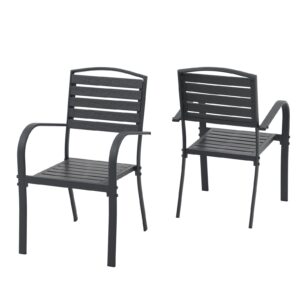 sunsitt patio dining chairs set of 2, aluminum outdoor dining chairs with faux wood slats, all-weather stackable patio chairs w/armrests for lawn, porch, garden and deck, black