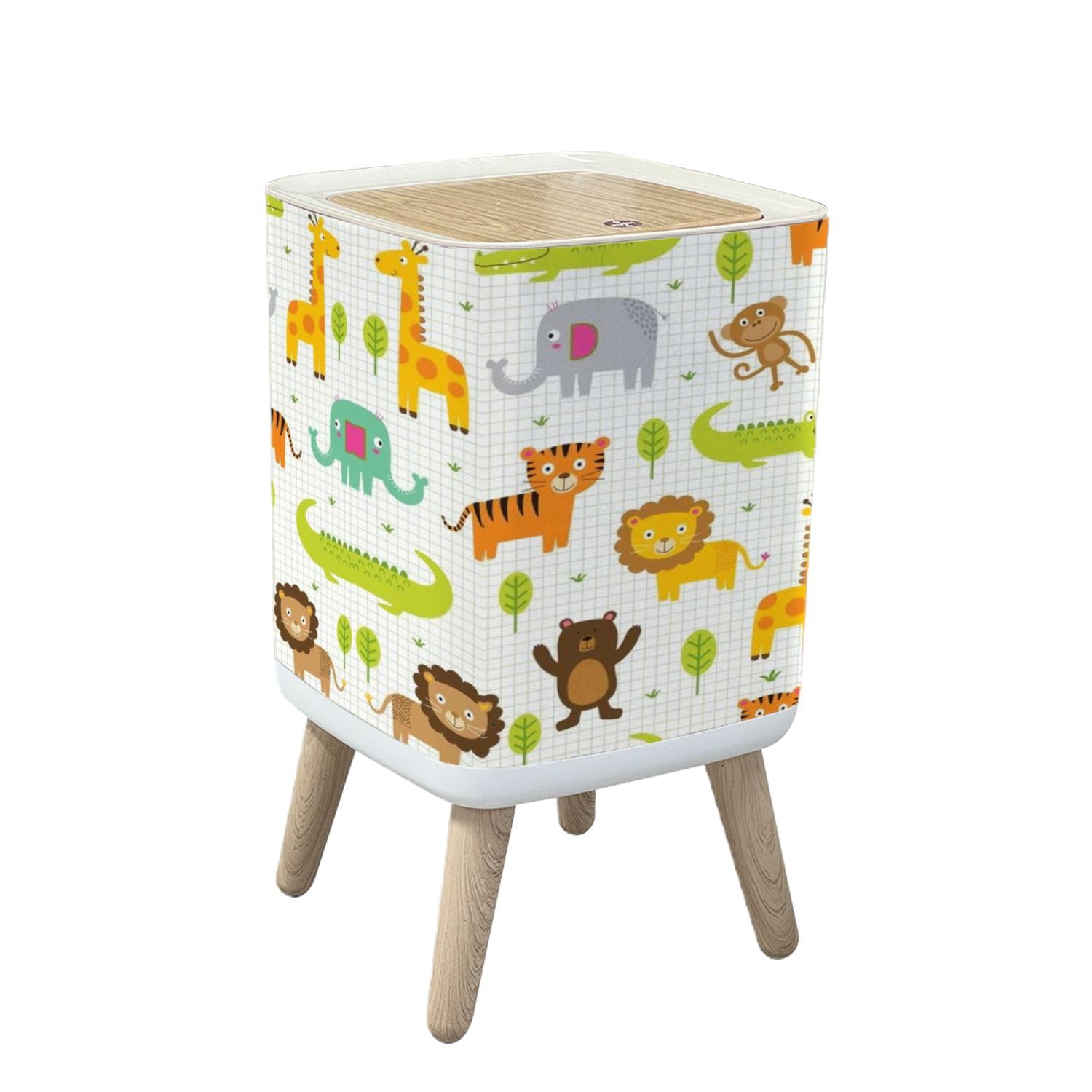 PHAIBHKERP Trash Can with Lid Seamless Cute Character Animals Jungle Cartoon Animal Zoo Garbage Can Rectangular Waste Bin Press Cover Dog Proof Wastebasket for Kitchen Bathroom Living Room Nursery