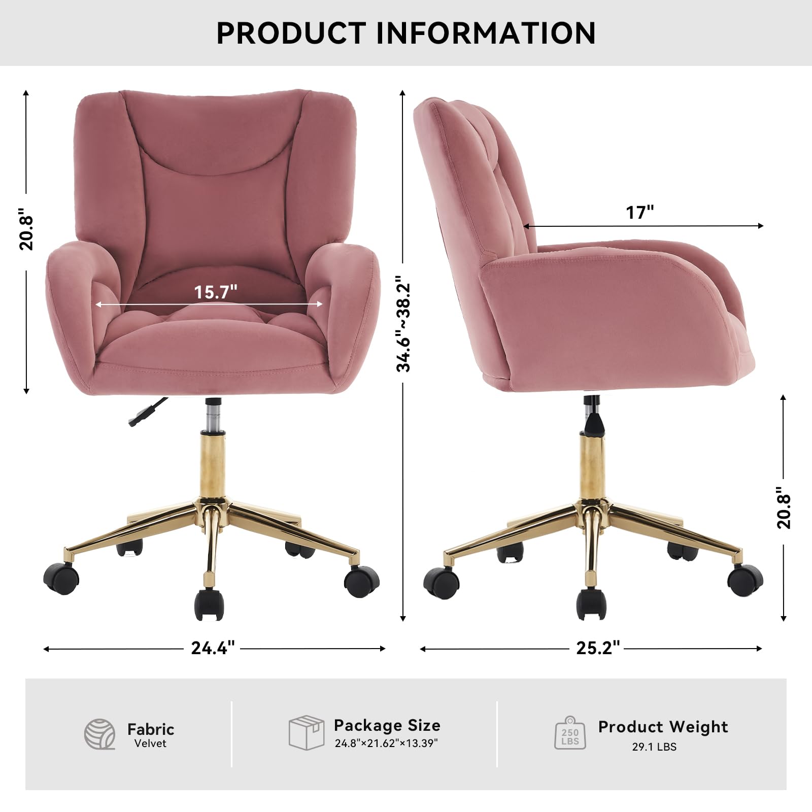 FOXHUNTER Home Office Desk Chair, 360 Swivel Velvet Desk Chair with Gold Base Upholstered Adjustable Swivel Task Chair, Modern Swivel Rolling Chair for Living Room Bedroom (Velvet, Pink)