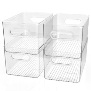 Pereysi 4 PCS Clear Plastic Storage Bins, Refrigerator Organizer Bins with Handles, Pantry Organizer Bins for Food, BPA-Free Fridge Organizer for Fridge, Freezer, Kitchen, Cabinet, Pantry, 10" Long