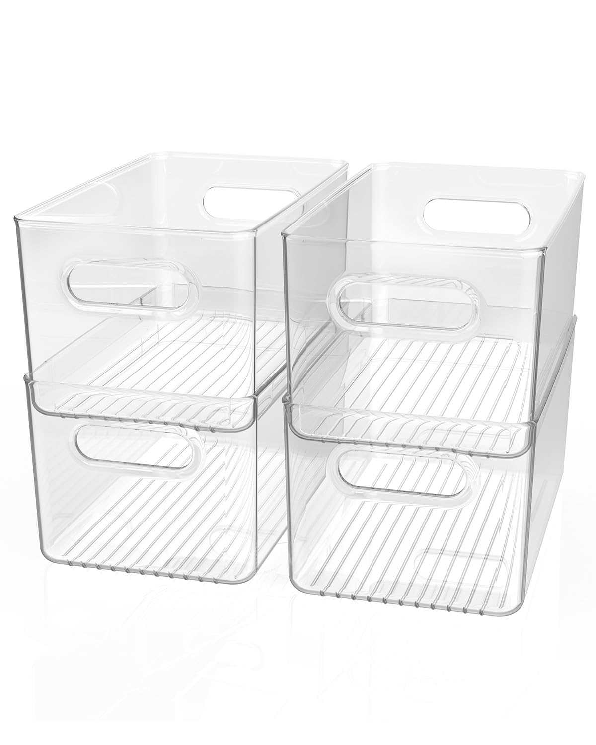 Pereysi 4 PCS Clear Plastic Storage Bins, Refrigerator Organizer Bins with Handles, Pantry Organizer Bins for Food, BPA-Free Fridge Organizer for Fridge, Freezer, Kitchen, Cabinet, Pantry, 10" Long