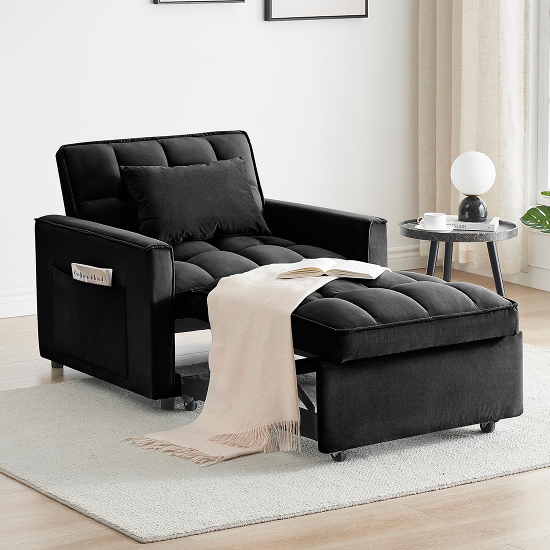 Anwickmak 3 in 1 Convertible Sleeper Chair, Modern Pull Out Couch Bed Single Recliner with Adjustable Back, Velvet Futon Folding Sofa Bed Chair for Living Room Bedroom Small Spaces (Black)