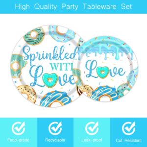 96 Pcs Donut Sprinkle Baby Shower Party Supplies Blue Sprinkled with Love Plates and Napkins Tableware Set Party Decorations for Boy Baby Shower Serve 24 Guests