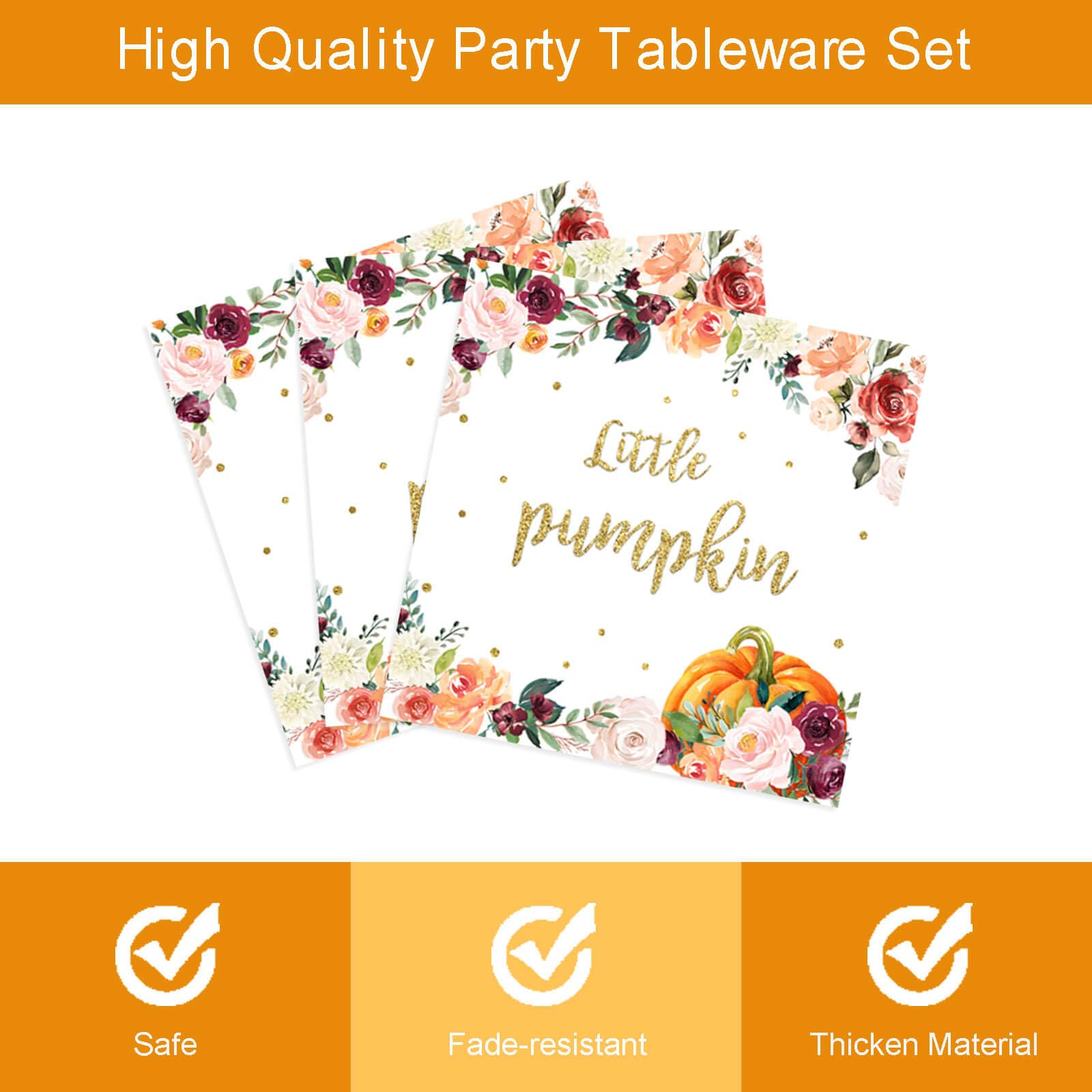 96pcs Little Pumpkin Girl Party Decorations Fall Autumn Floral Baby Shower Happy 1st Birthday Party Tableware Set 24 Guests Thanksgiving Dinner Dessert Plates and Napkins Party Supplies