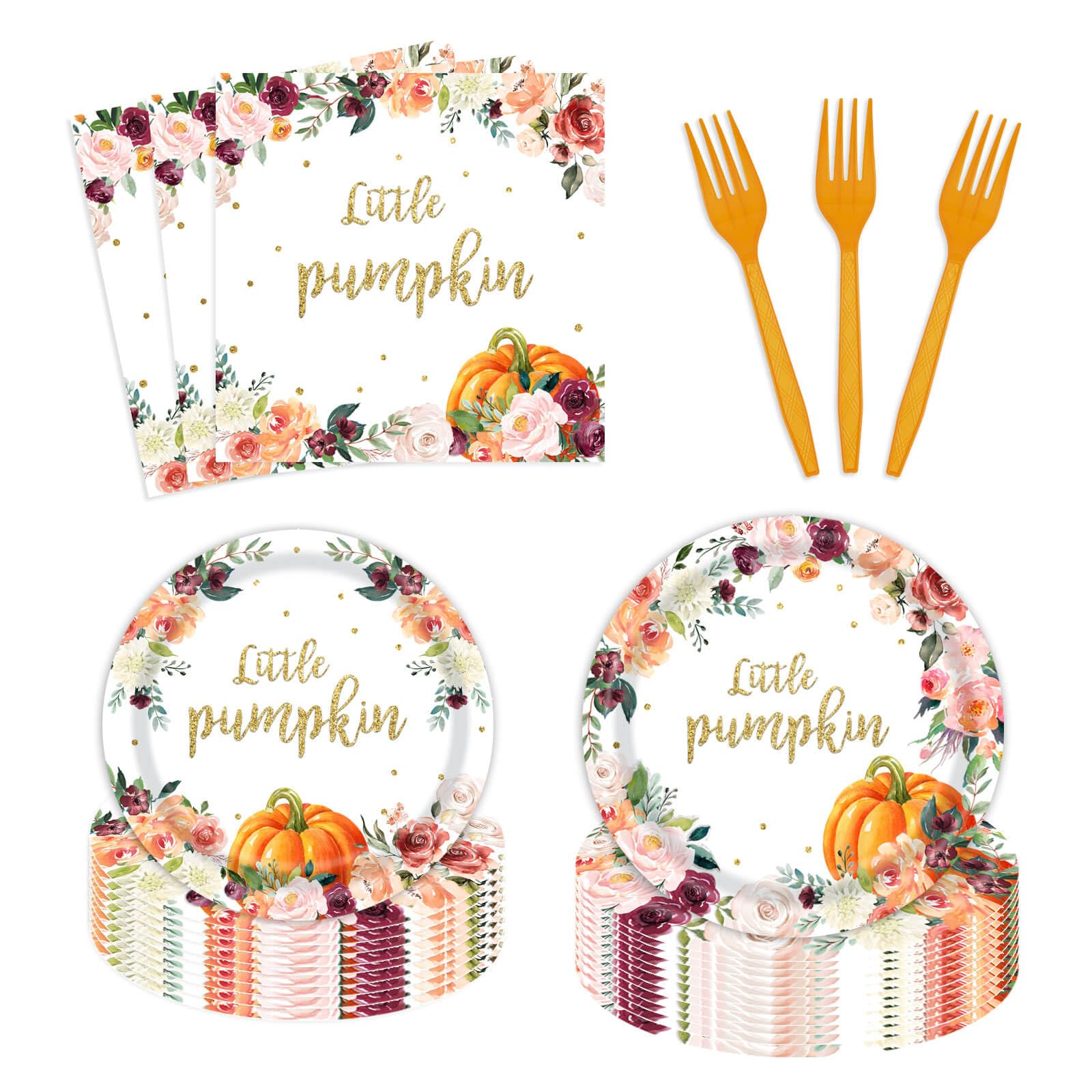 96pcs Little Pumpkin Girl Party Decorations Fall Autumn Floral Baby Shower Happy 1st Birthday Party Tableware Set 24 Guests Thanksgiving Dinner Dessert Plates and Napkins Party Supplies