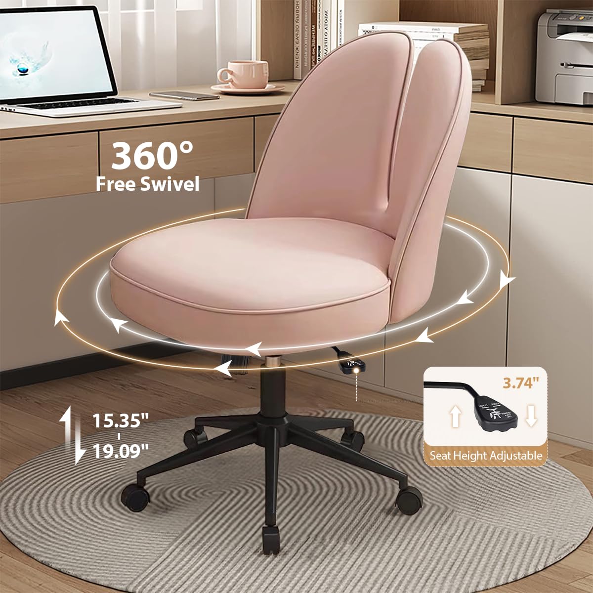 XUEGW Cute Office Chair Armless Desk Chair with Wheels Comfy Vanity Chairs Swivel Computer Task Chair Height Adjustable Makeup Bedroom Chair for Home Office