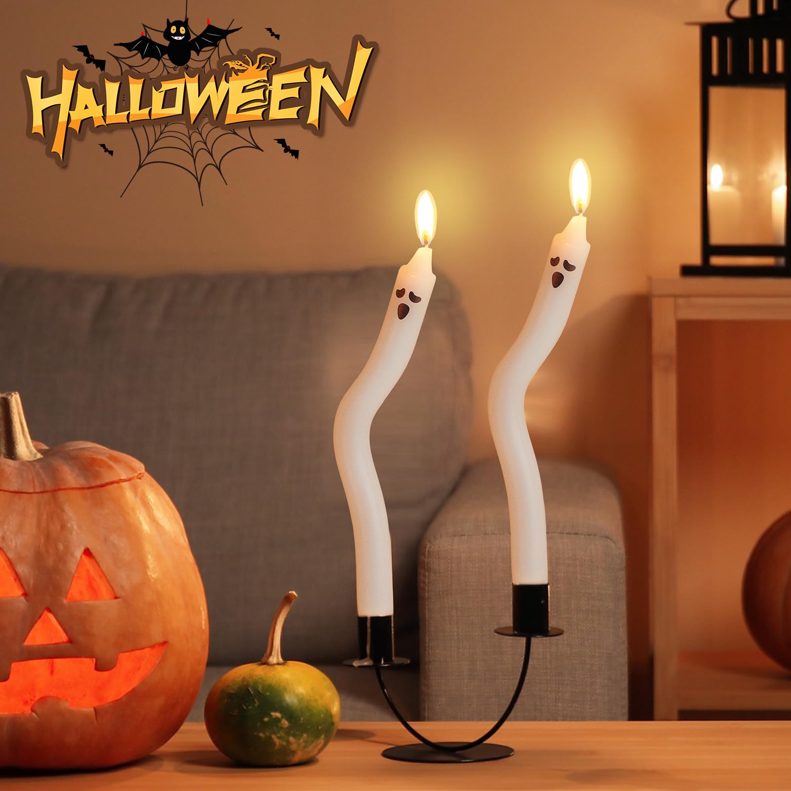 MTLEE 12 Pcs Halloween Ghost Candles Spiral Unscented White Candles Realistic Twisted Taper Candlesticks Halloween Decor Candle for Home Dinner Table Ghost Spooky Decorations