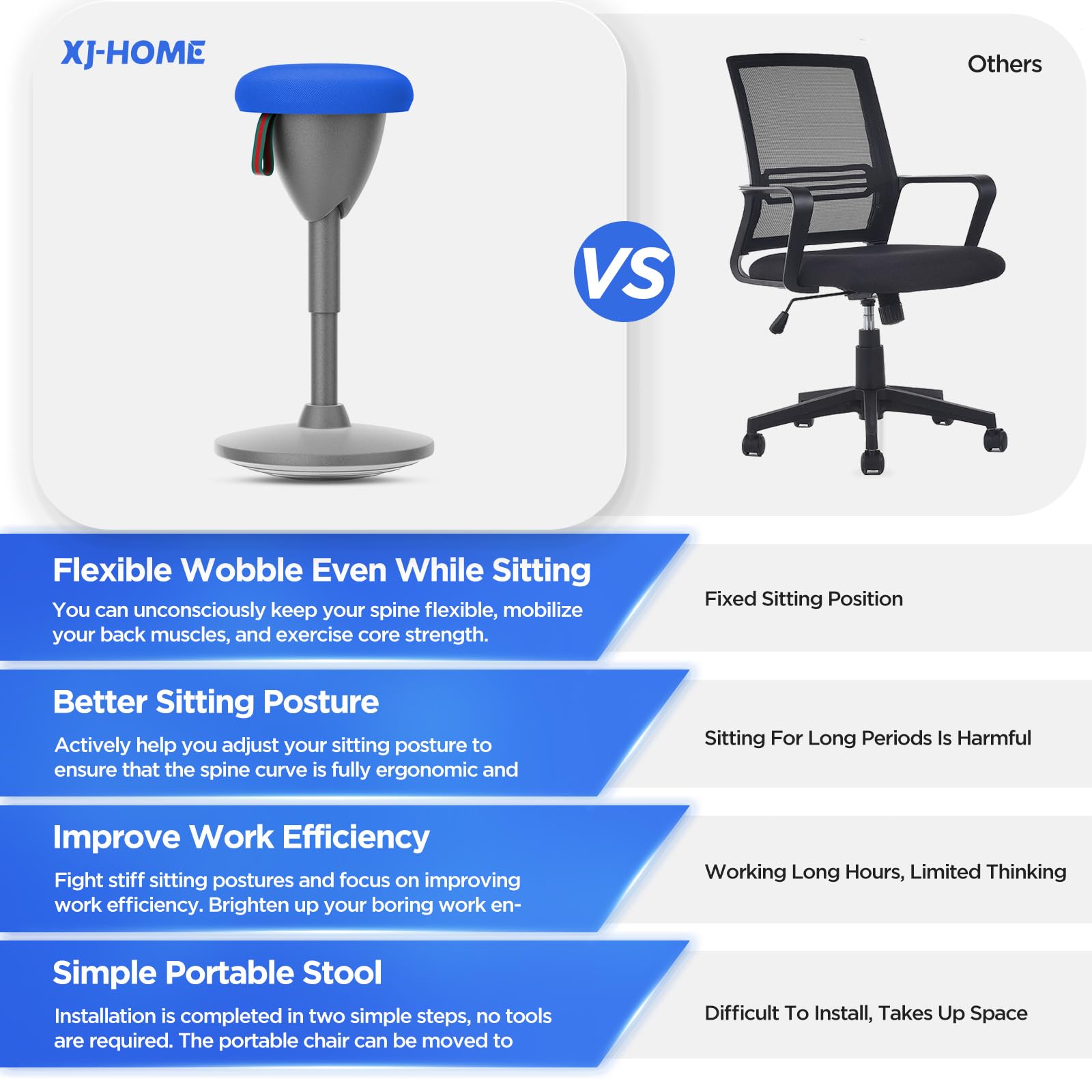 XJ-HOME Height Adjustable Active Motion Stool, Standing Desk Wobble Chair, Ergonomic Stand Perch Sit Rotate 360° Balance Stool with Cushion & Non-Slip Base for Office Home Classroom, Dark Blue