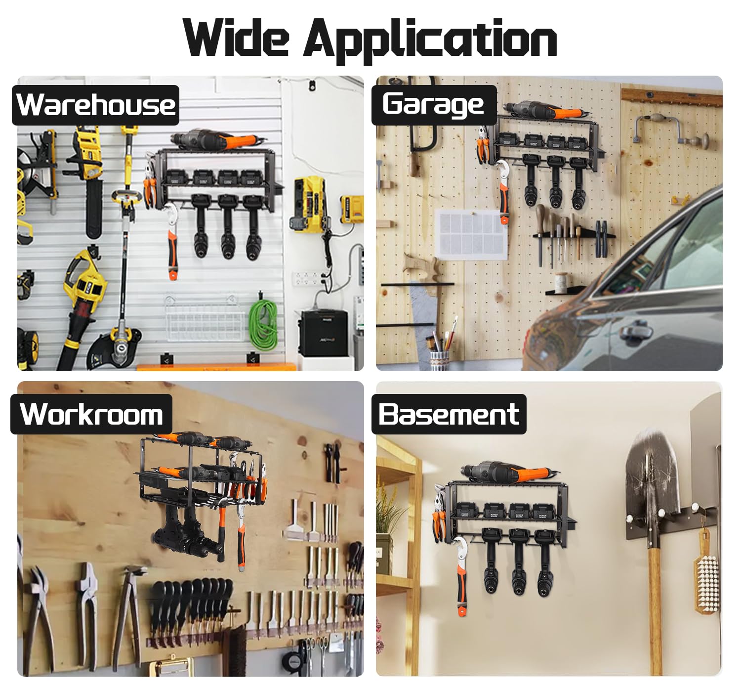 3-Tier Power Tool Organizer, Wall Mount Tool Holder with Charging Station, 4 Drill Holder Heavy Duty Metal Tool Shelf for Tool Storage Garage Workshop Tool Rooms