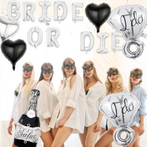 Bachelorette Party Decorations Black and Silver Balloons, Bride or Die Foil Balloons Wine Ballons Diamond Ring Balloons for Bridal Shower Engagement Bachelorette Party Decorations Supplies