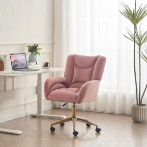 FOXHUNTER Home Office Desk Chair, 360 Swivel Velvet Desk Chair with Gold Base Upholstered Adjustable Swivel Task Chair, Modern Swivel Rolling Chair for Living Room Bedroom (Velvet, Pink)