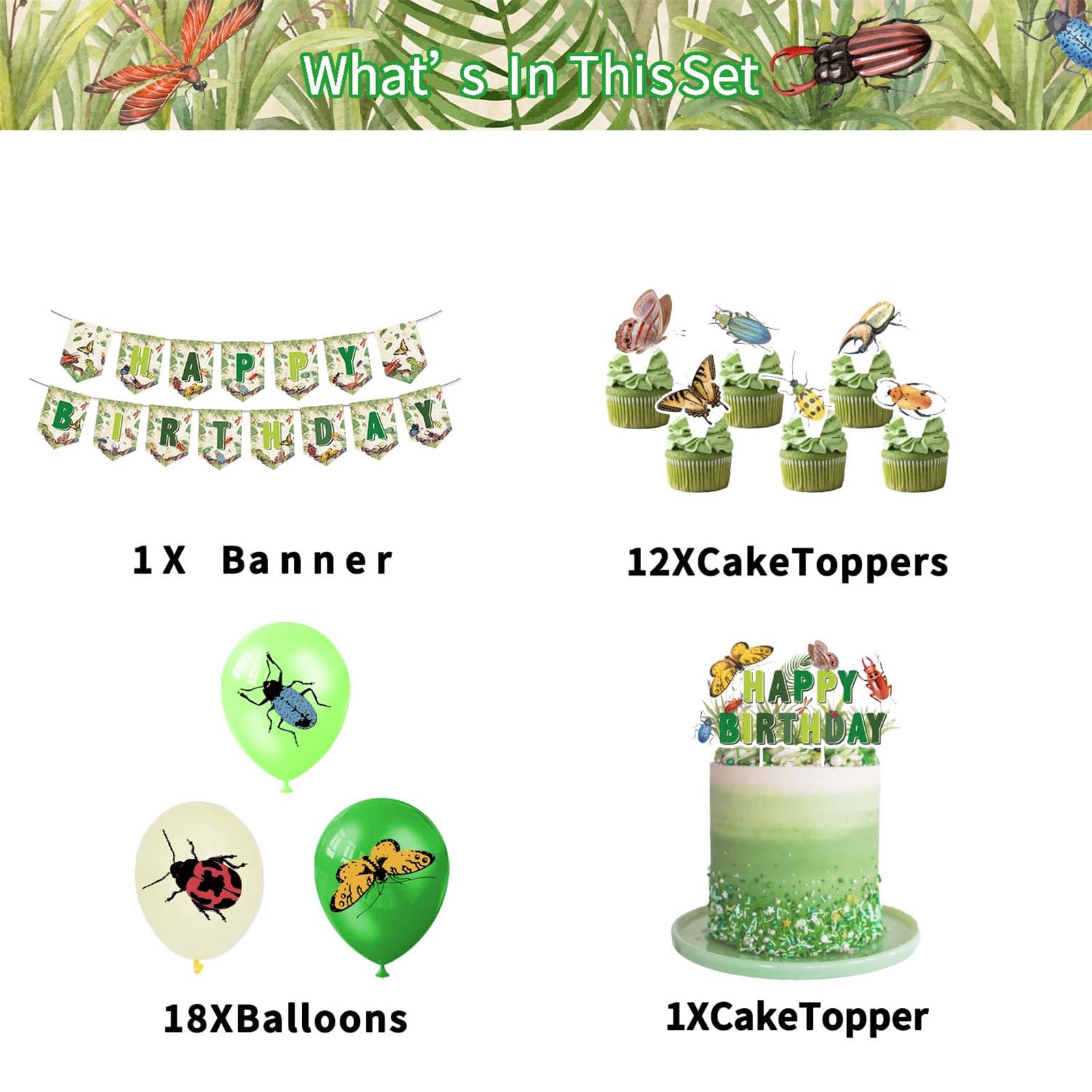 32 Pieces Bugs Party Supplies Includes Bugs Happy Birthday Banner Cake Topper Cupcake Toppers Balloons Insect Theme Party for Baby Shower Boys and Girls Birthday Decorations