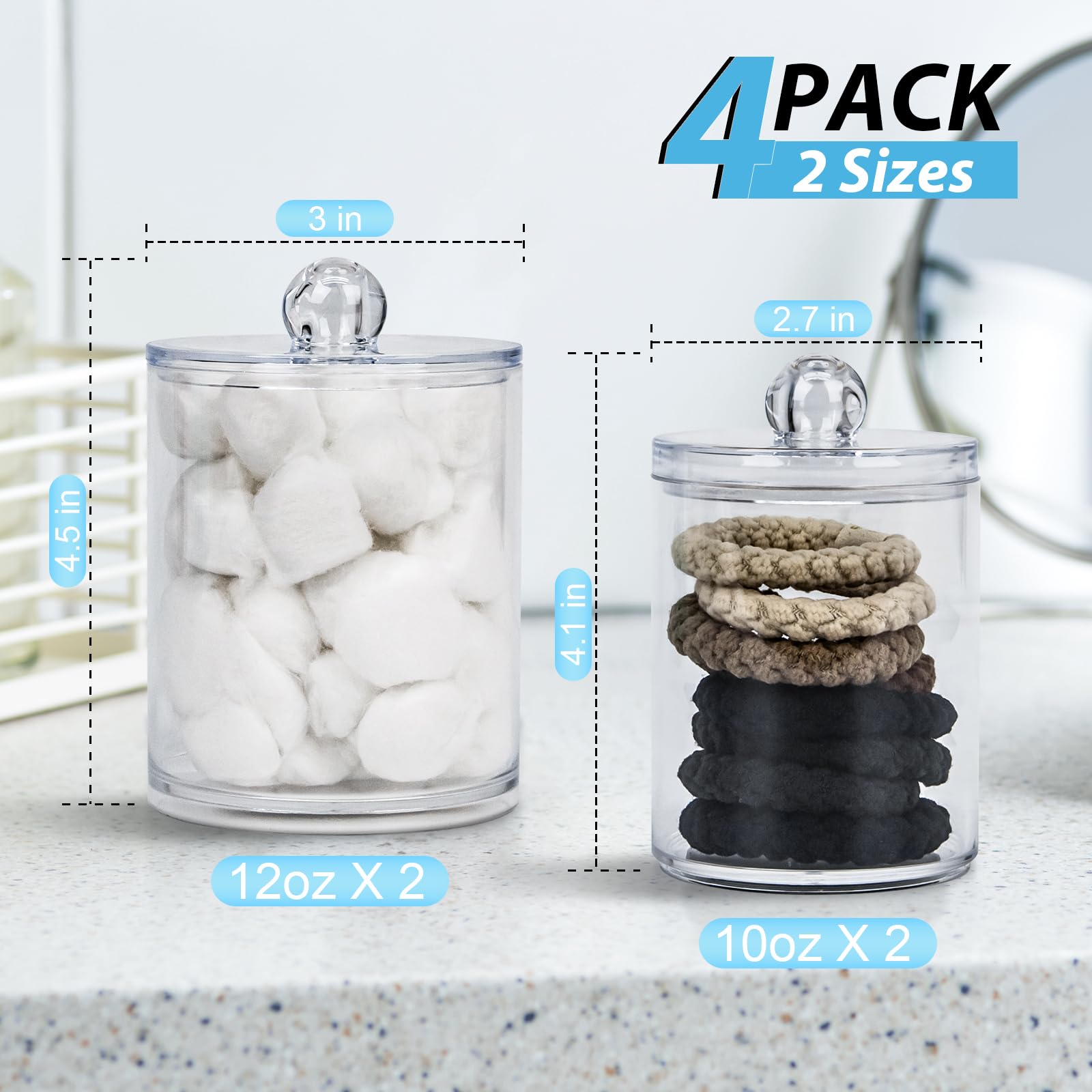 SZHLUX 4-Pack Qtip Holder Dispenser for Floss Picks, Cotton Swabs, Cotton Balls, Cotton Rounds - Small Clear Plastic Storage Jars Set for Bathroom Organization, Vanity Makeup Organizer