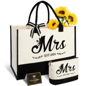 mrs 2024 bride canvas tote bag with bride makeup bag, bride gifts bride bag tote for wedding bridal shower bachelorette party engagement honeymoon, miss to mrs bag, bride to be gifts, future mrs gifts