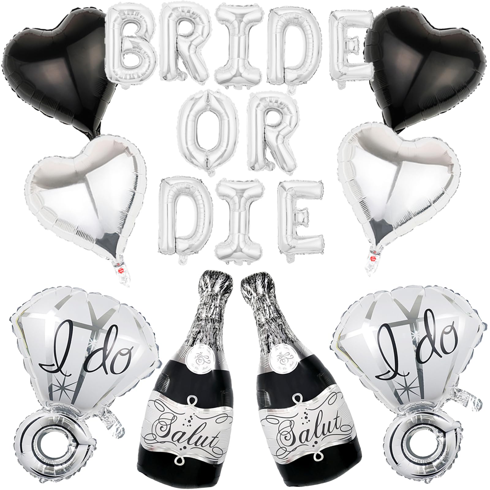 Bachelorette Party Decorations Black and Silver Balloons, Bride or Die Foil Balloons Wine Ballons Diamond Ring Balloons for Bridal Shower Engagement Bachelorette Party Decorations Supplies