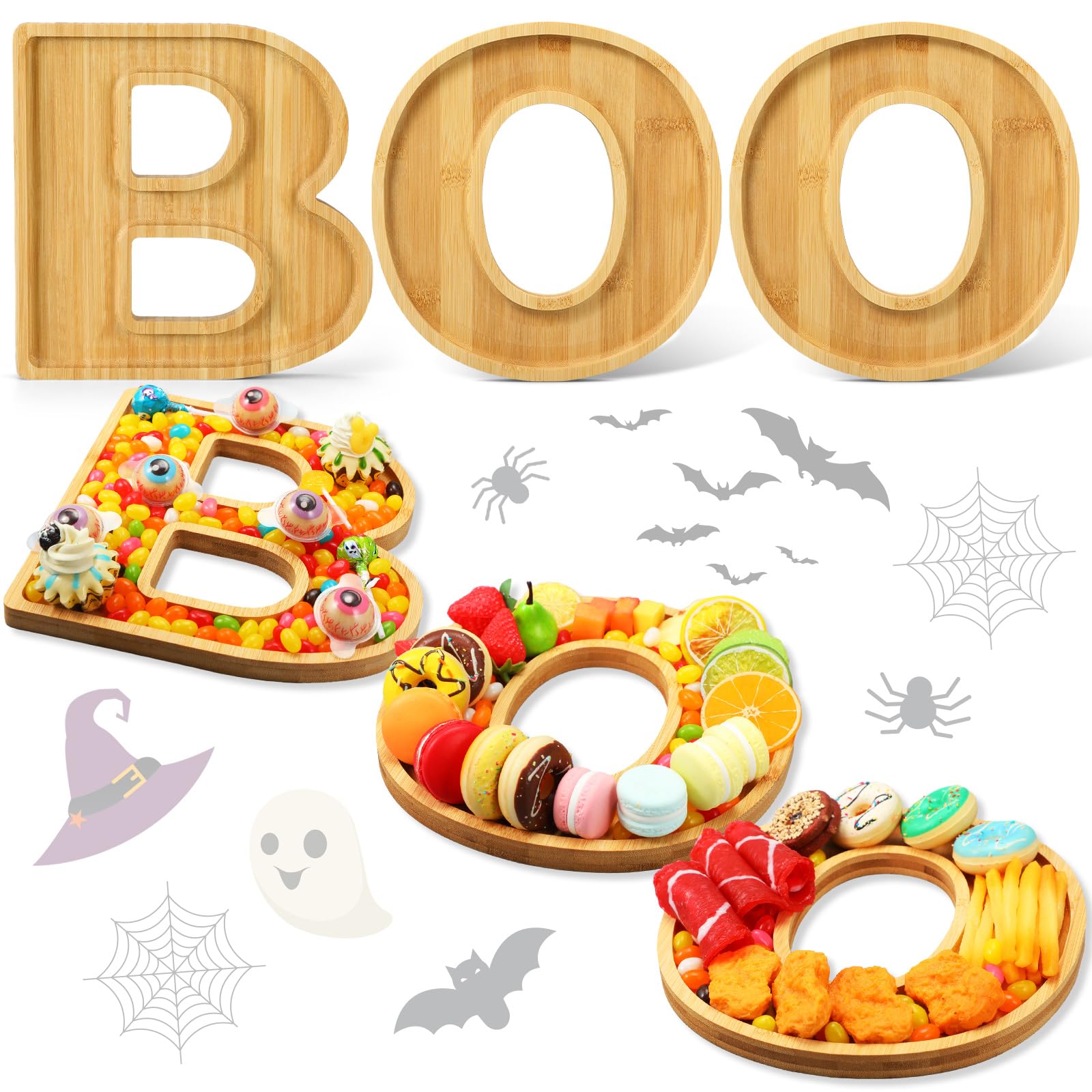 FillTouch Boo Wooden Charcuterie Letters Fillable Halloween Serving Tray Charcuterie Board Dish Decorative Cheese Platter for Snack Food Cake Cookies for Halloween Party