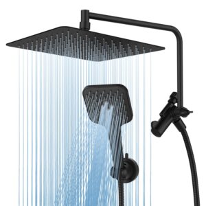 gabrylly shower heads with handheld spray combo, 10" high pressure rainfall shower head with 11" extention arm and suction cup holder, 3-setting handheld shower head with 59" shower hose, matte black