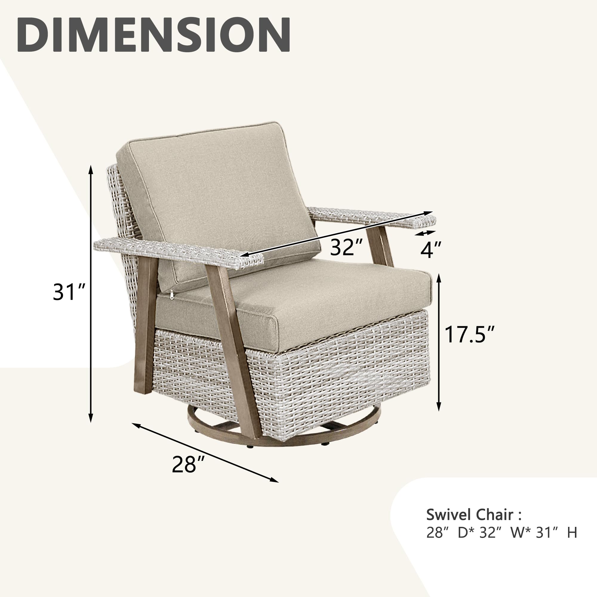 Auzfy 2 Pieces Oversized Outdoor 360° Swivel Rocker Patio Chairs Set, Outdoor Swivel Rocking Glider Chairs Set of 2, PE Wicker Rattan Outdoor Patio Swivel Rocking Furniture Set, Grey