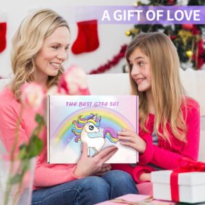 FIIOEOY Unicorn Gifts for Girls, 14PCS Unicorn Toys Birthday Gifts for Girls Age 3 4 5 6 7 8 Years Old with Light Up Star Pillow Plush Blanket Diamond Art Bracelet, Girls Kids Toys