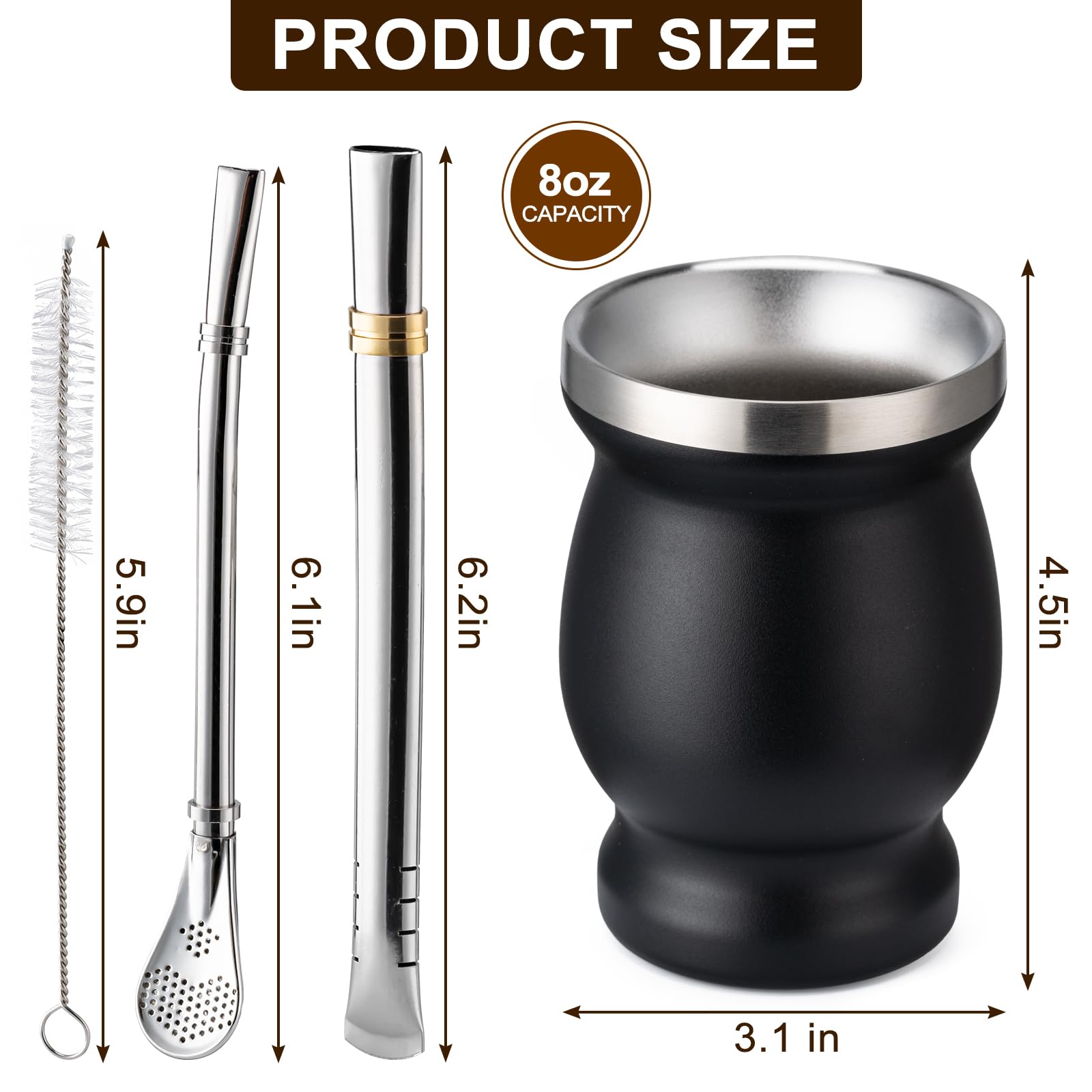 Husfunov 8oz Yerba Mate Cup, 304 Stainless Steel Double-Wall Mate Cup, Heat Insulation Yerba Mate Gourd, Tea Cup Set Includes Cleaning Brush & 2 Bombillas (Black)