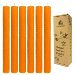 orange beeswax taper candles set of 6pcs, 9" long candlesticks for autumn, unscented & smokeless & handrolled bees wax candles for home, dia 0.78" base,burning time 4 hours