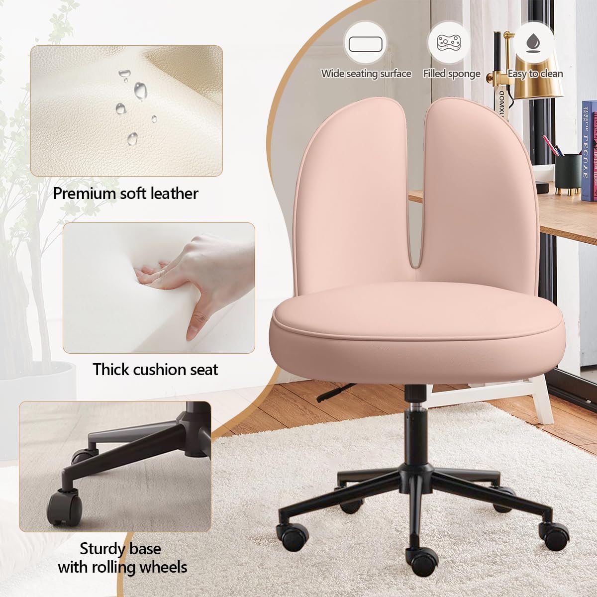 XUEGW Cute Office Chair Armless Desk Chair with Wheels Comfy Vanity Chairs Swivel Computer Task Chair Height Adjustable Makeup Bedroom Chair for Home Office