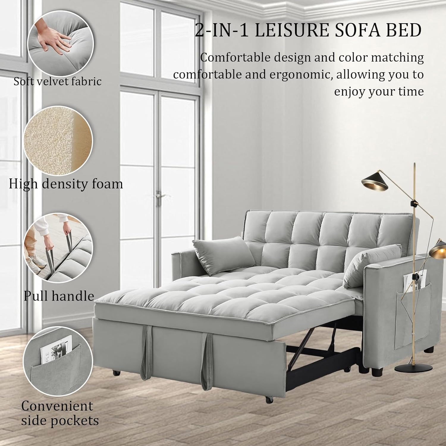 SPOWAY 3 in 1 Sleeper Sofa Couch Bed, Velvet Convertible Loveseat Sleeper Sofa with 3 Level Adjustable Backrest, Storage Pockets, Toss Pillows, Pull Out Loveseat Sleeper for Living Room, Grey